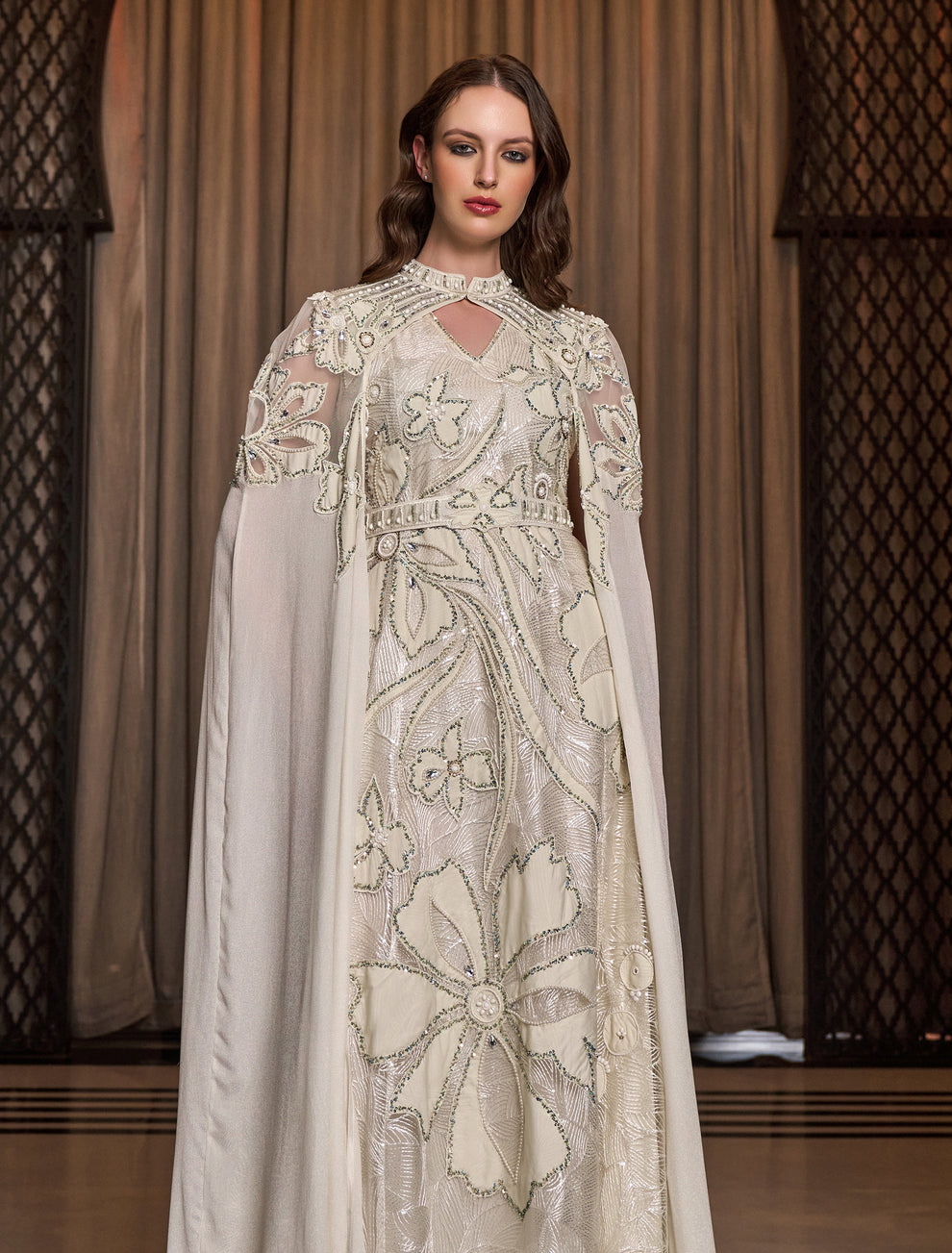 Shop Shalky’s Long Off-white Chiffon Evening Dress with Floral Embroidery!