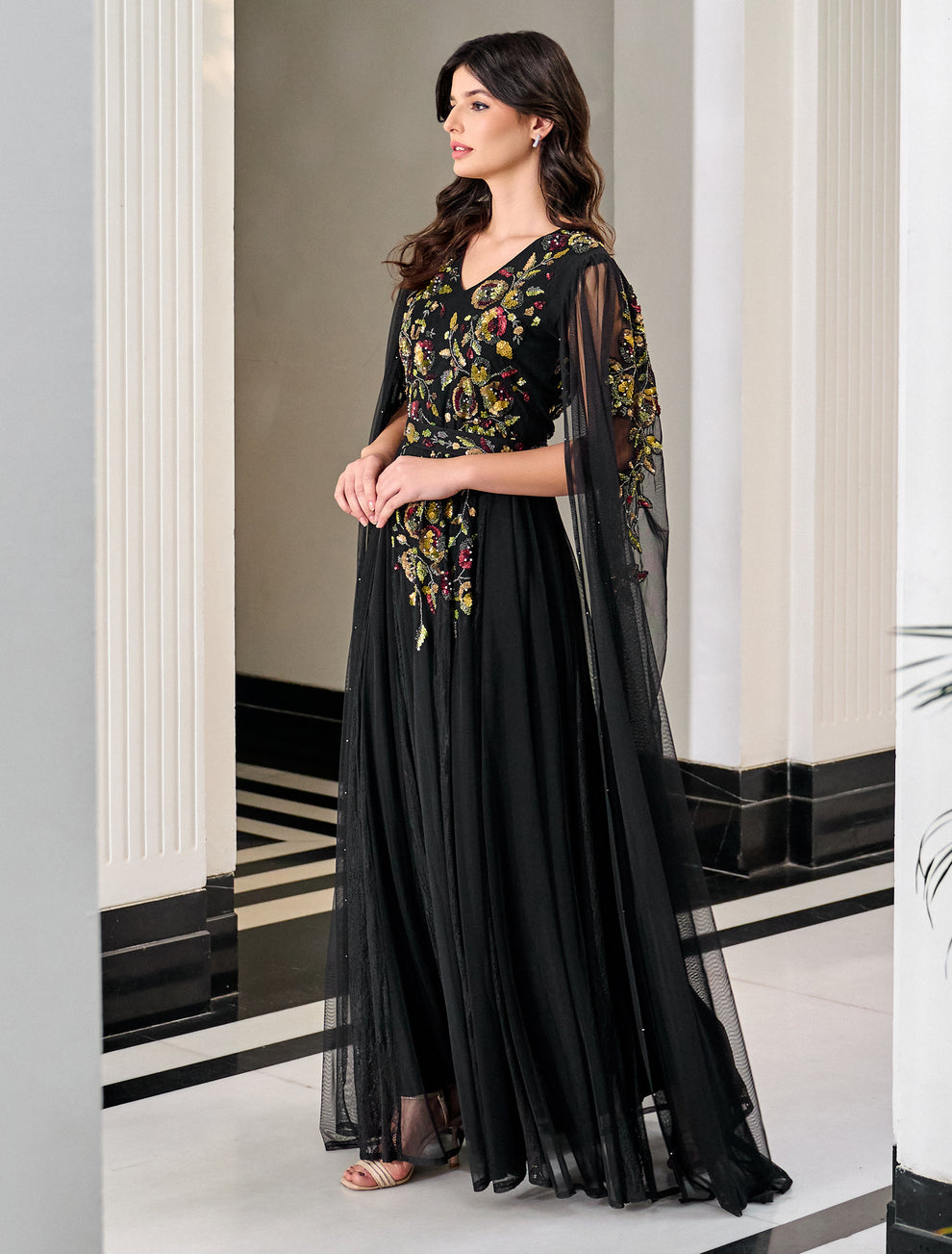 Shalky Black Evening Dress with Chiffon Cape Sleeves