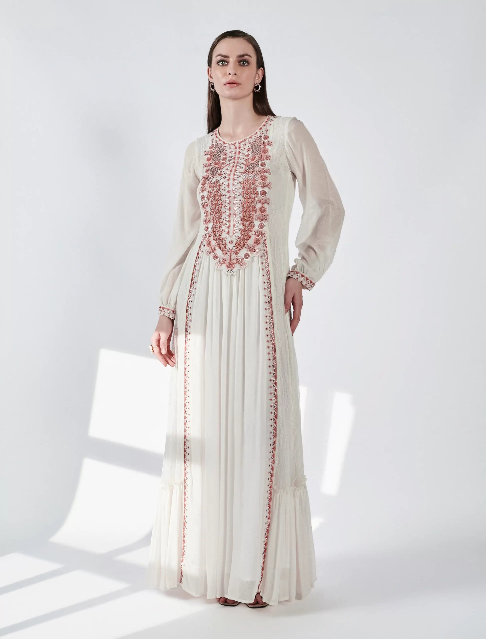 Shop Now for a Beige Embroidered Dress with Red Details from Shalky